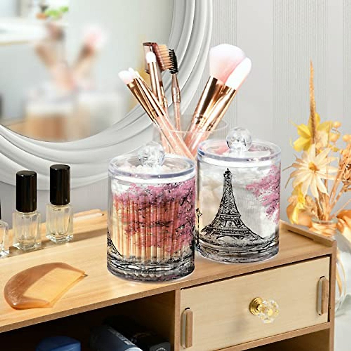 Nander 4Pack Qtip Holder Dispenser -Pink Paris Tower Clear Plastic Apothecary Jars Set - Restroom Bathroom Makeup Organizers Containers for Cotton Swab, Ball, Pads, Floss