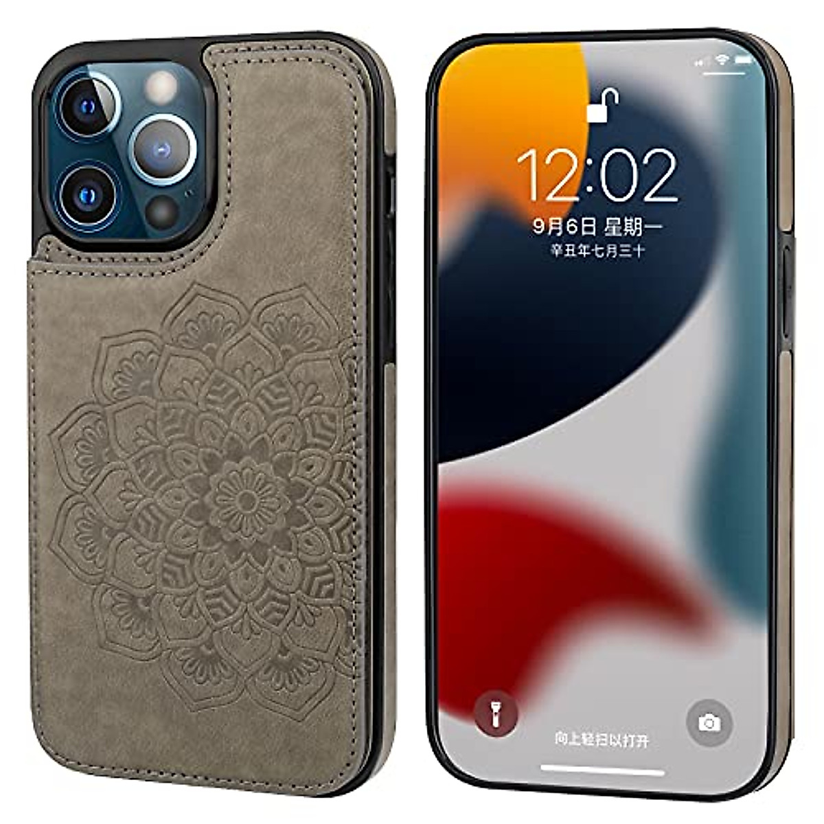 Vaburs Compatible with iPhone 13 Pro Max Case Wallet with Card Holder, Embossed Mandala Pattern Flower PU Leather Double Buttons Flip Shockproof Cover for Magnetic Car Mount 6.7 Inch (Gray)