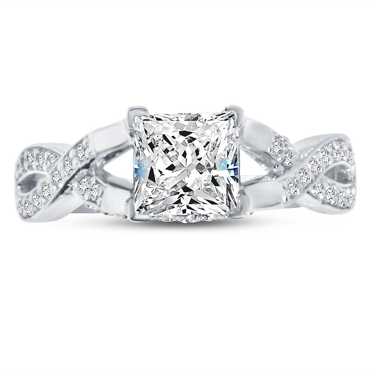 Size - 7 - Solid 14k White Gold Princess Cut Infinity Twist Solitaire Engagement Ring CZ Cubic Zirconia (2.0cttw., 1.0ct. Center)