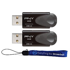 Generic PNY 32GB USB 3.0 Flash Drive Turbo Attaché 4 (Bulk 2 Pack) Works with Computer (P-FD32GTBAT4-GE) Bundle with (1) Everything But Stromboli Lanyard
