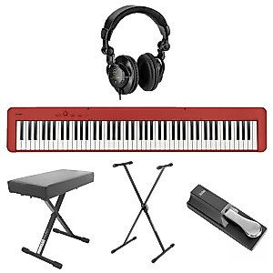 Casio CDP-S160 88-Key Compact Digital Piano Keyboard with Touch Response, Red Bundle with H&A Studio Headphones, Stand, Bench, Sustain Pedal
