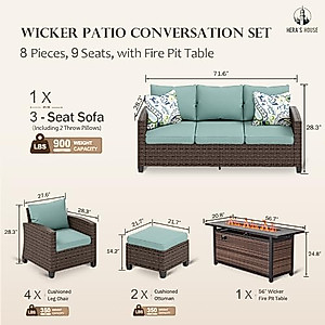 HERA'S HOUSE Patio Furniture Sets, Outdoor Wicker Furniture Set with 56" Fire Pit Table, 8 Pieces Sectional Conversation Sofa Set with Ottomans for Garden Poolside Backyard, Brown Rattan Blue Cushions