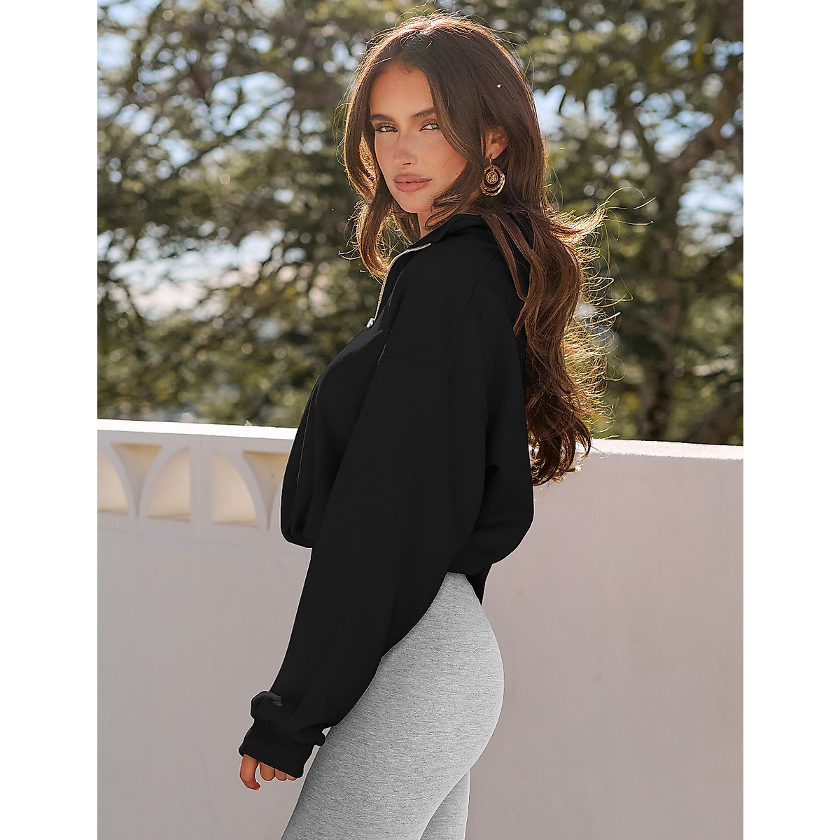 MEROKEETY Women's Quarter Zip Crop Sweatshirt Long Sleeve Stand Collar Drawstring Casual Pullover Top,Black,M