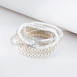 COLORFUL BLING Women Multilayer Temperament Imitated Pearl Stackable Strand Bracelets Beaded Seed Heart Rhinestone Crystal Stretch Bracelet Wedding Wrist Jewelry-multi white