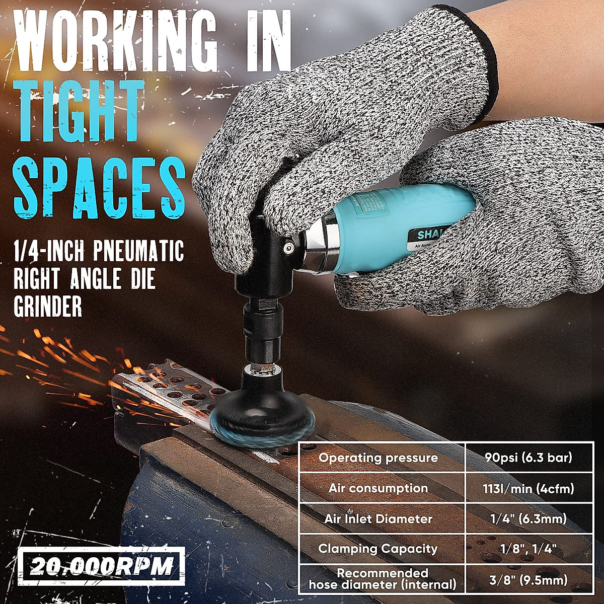 SHALL Air Die Grinder, 1/4" Pneumatic Right Angle Die Grinder, 1/4" & 1/8" Collets, Air Connector, Lubricant and Chuck Key Included, for Grinding, Polishing, Deburring, Engraving and Rust Removal