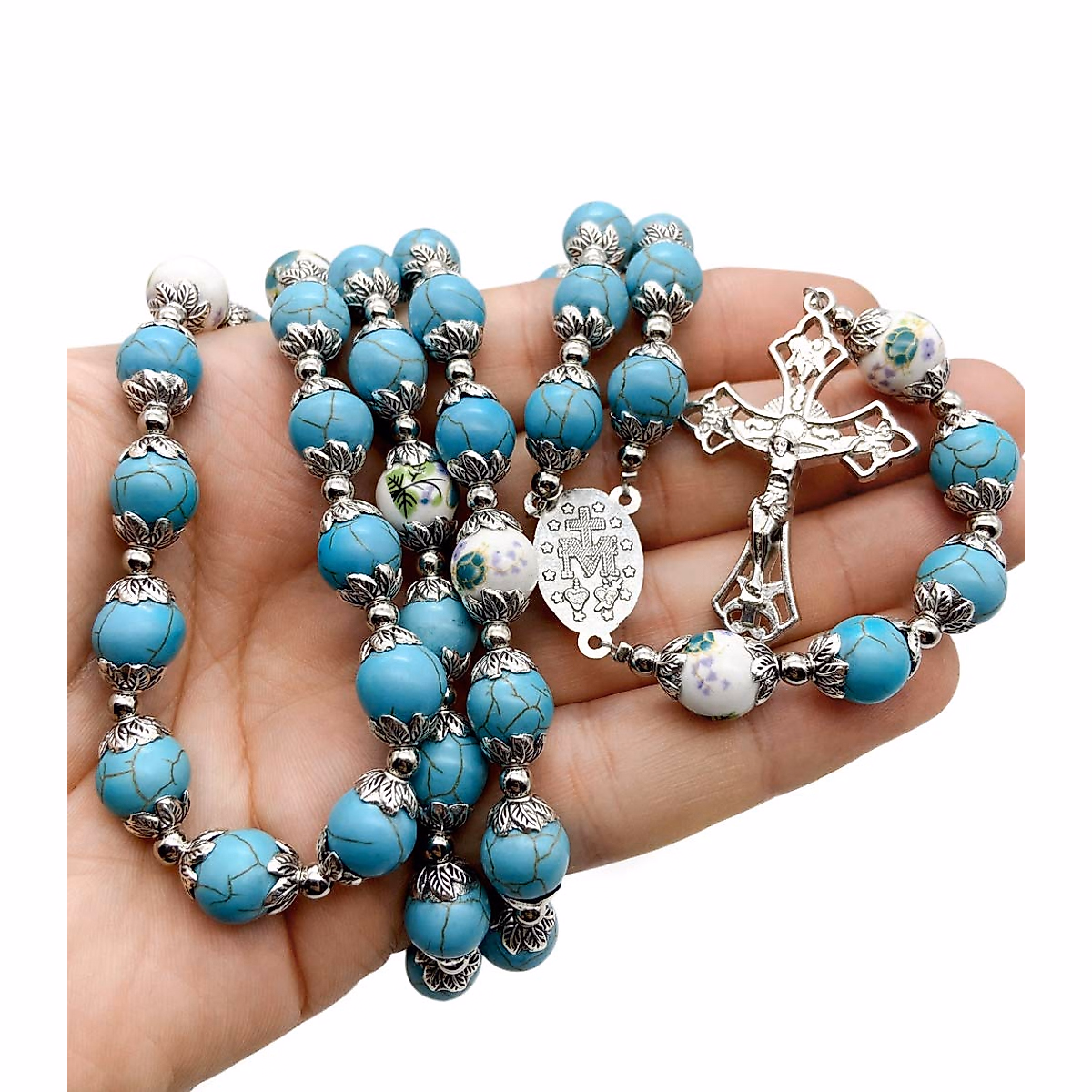 Nazareth Store Catholic Turquoise Marble Beads Rosary Flowers Beaded Necklace Miraculous Medal Cross Crucifix Silver Tone Rosaries in Velvet Bag