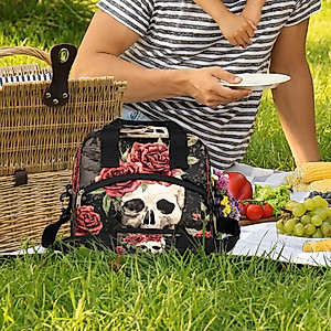 Gothic Sugar Skull Red Rose Lunch Bag Adjustable Shoulder Strap Cooler Bag Reusable Zipper Insulated Lunch Tote Bag for Work Picnic Camping School
