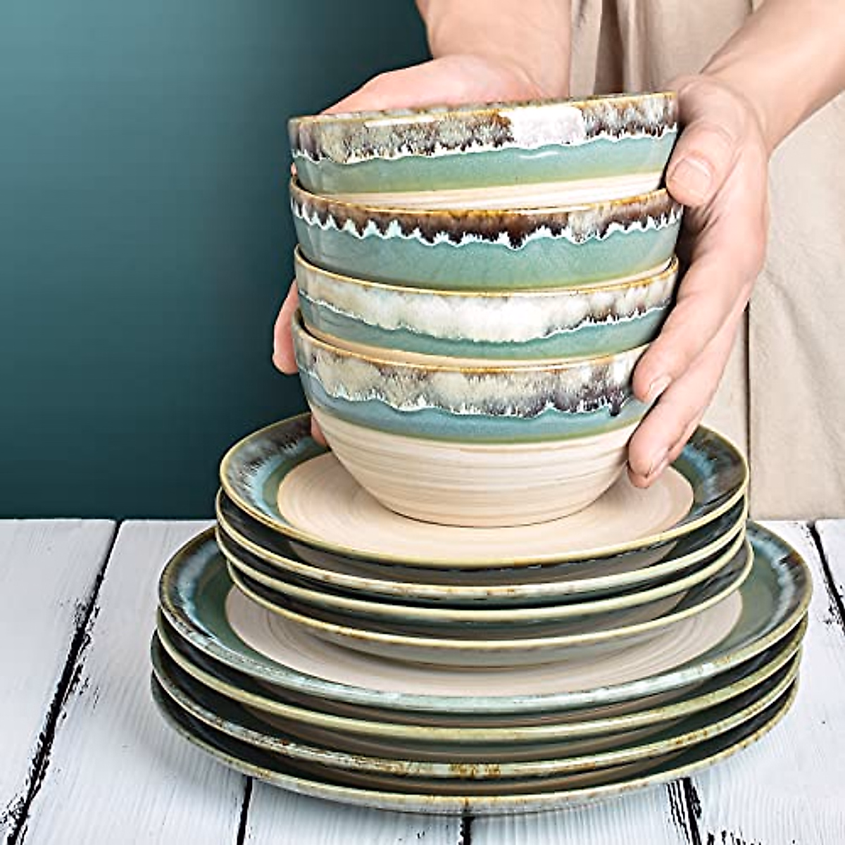 Bosmarlin Stoneware Dinnerware Set, Ceramic Bowls and Plates Set, Service for 4, 12 Piece, Microwave and Dishwasher Safe, Reactive Glaze (Turquoise green)
