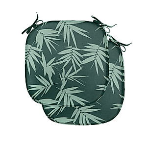 Lunarable Green Oriental Chair Seating Cushion Set of 2, Garden Art Scattered Silhouettes of Leaf Ornament Nature Themed, Anti-Slip Seat Padding for Kitchen & Patio, 16"x16", Almond Green and Green