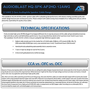 Audioblast HQ-SPK-AP2HD-12AWG - 10 Foot – 2 Core (99.99% OFC) Ultra-Flexible Audiophile Speaker Cable Pair w/Eminence Gold Plated Banana Plugs - 12 Gauge
