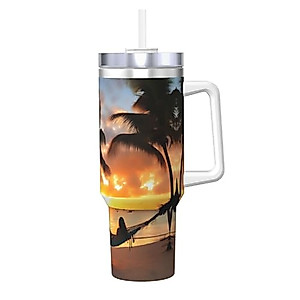 HULIBIN Coconut Beach Sunset Hammock Print Double Deck Stainless Steel Travel Coffee Cup With Lid 40 Oz Ice Bully Cup