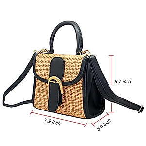 boshiho Retro Straw Woven Handbag Womens Small Cross Body Bag Shoulder Messenger Satchel (Black)
