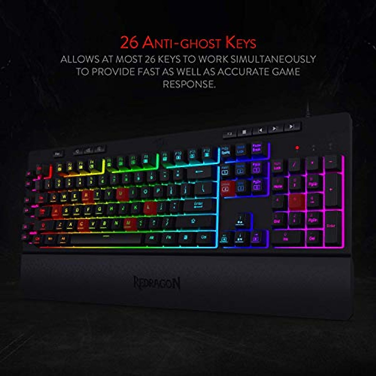 Redragon K512 Shiva RGB Backlit Membrane Gaming Keyboard with Multimedia Keys, Linear Mechanical-Feel Switch, 6 Extra On-Board Macro Keys, Dedicated Media Control, Detachable Wrist Rest