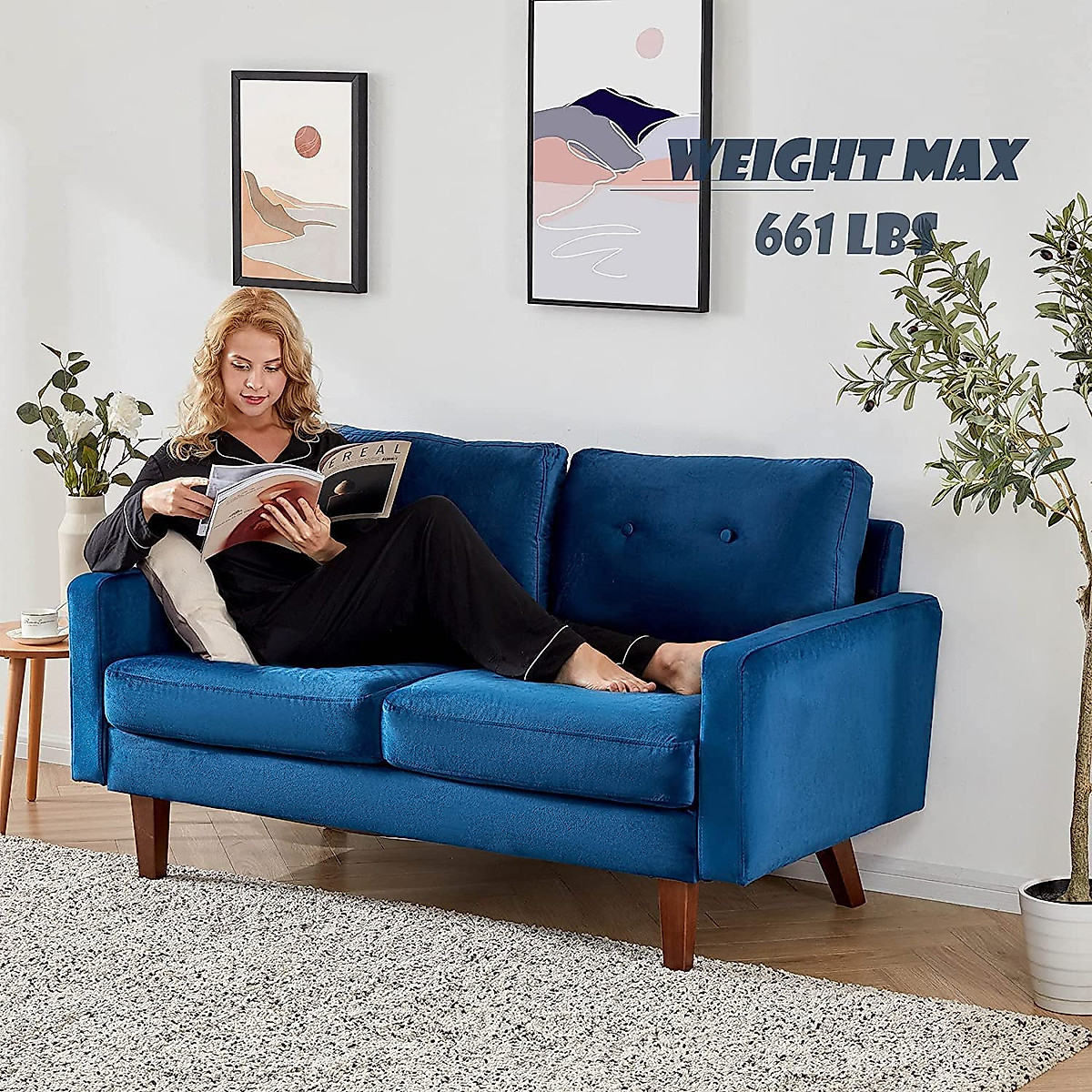 Bettermade Loveseat Sofa,Futon Sofa for Living Room, Velvet Cover Modern Design Couch,Tools-Free Assemble,2 Seats with 600 LB Load,Blue