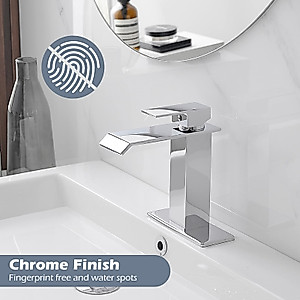 BWE Bathroom Faucet Chrome Modern Waterfall with Pop Up Drain for Sink 1 Single Hole Bathroom Sink Faucet Parts Spout Bath Lavatory Vanity Stopper Overflow and Supply Hose Single Handle Square