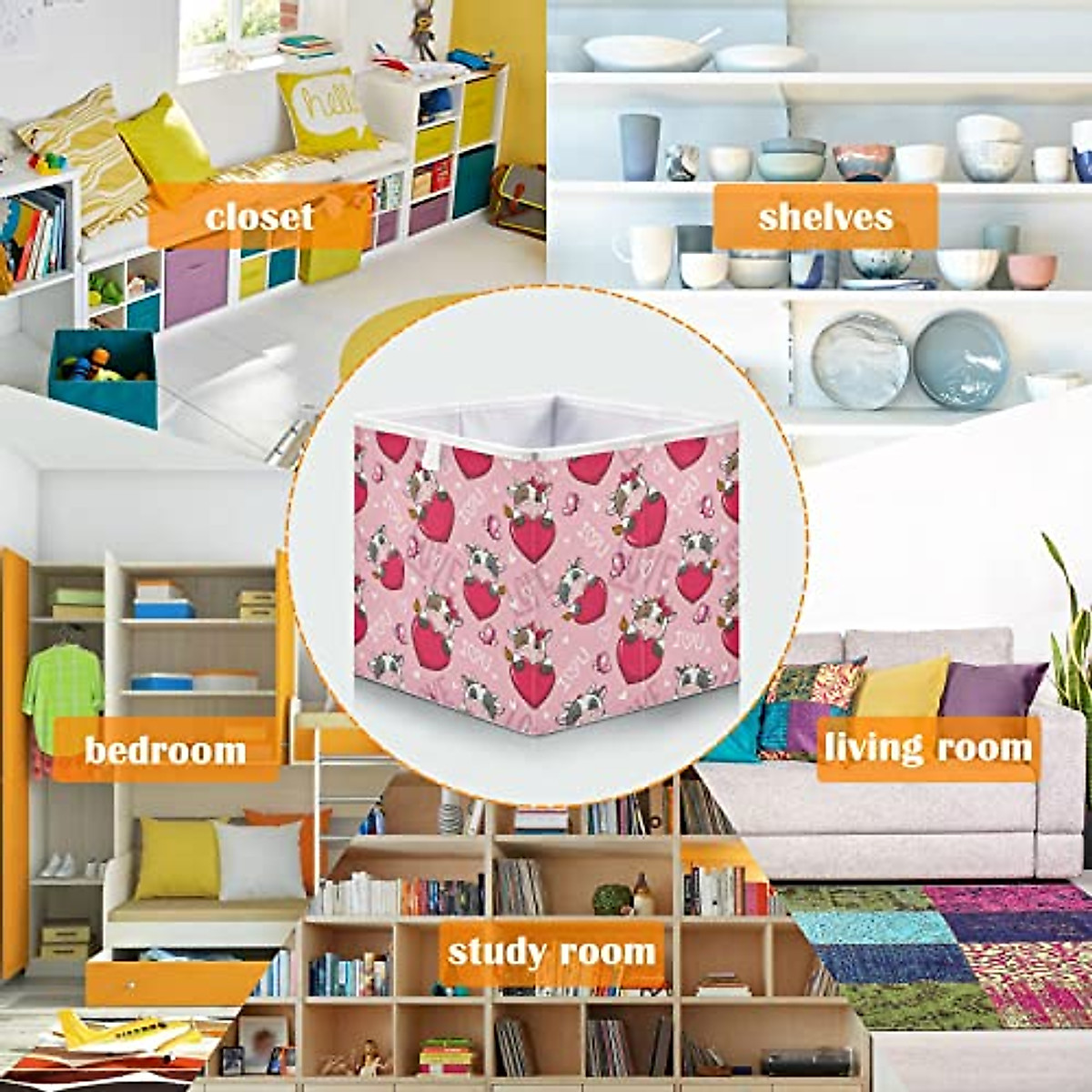 Kigai Cute Cartoon Love Cow Cube Storage Bin, Large Foldable Organizer Basket for Toys, Shelves, Laundry, Nursery -11 x 11 x 11 in