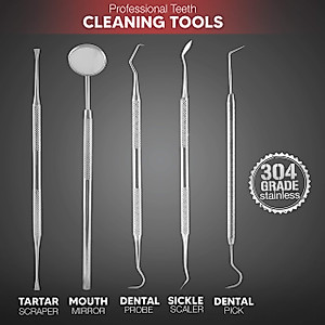 Dental Hygiene Kit Best for Personal Use Deep Tooth Cleaning - Calculus Plaque Remover Set - Scaler Instruments, Tartar Scraper, Tooth Pick, Mouth Mirror -Premium Stainless Steel 5pc Dentist Tools Set