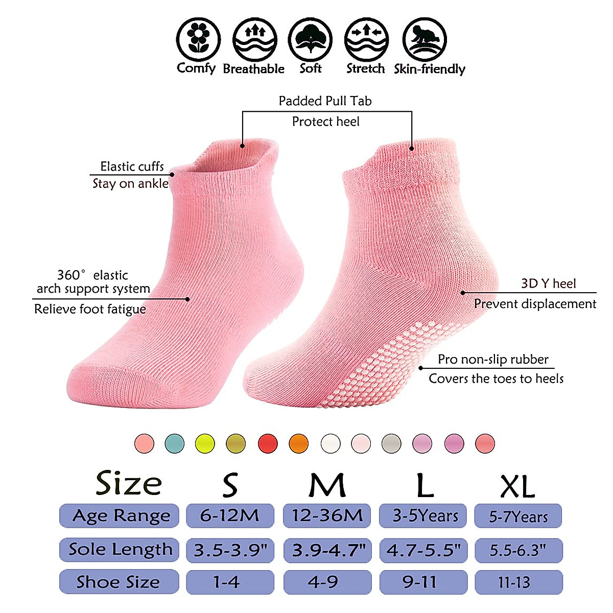Dicry Toddler Non-Slip Ankle Socks Baby Anti-skid Grips Socks for Infant Kids (1-3T, Girls Colorful 12 Pairs)