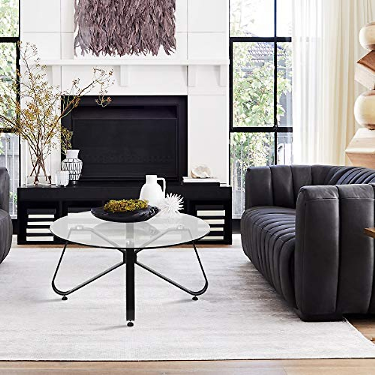 FurnitureR Round Tempered Glass Coffee Table, D31.5 inches Center Tea Sofa Table for Living Room, Home Office, Scandinavian Design with Metal Steel Frame, Easy Assembly