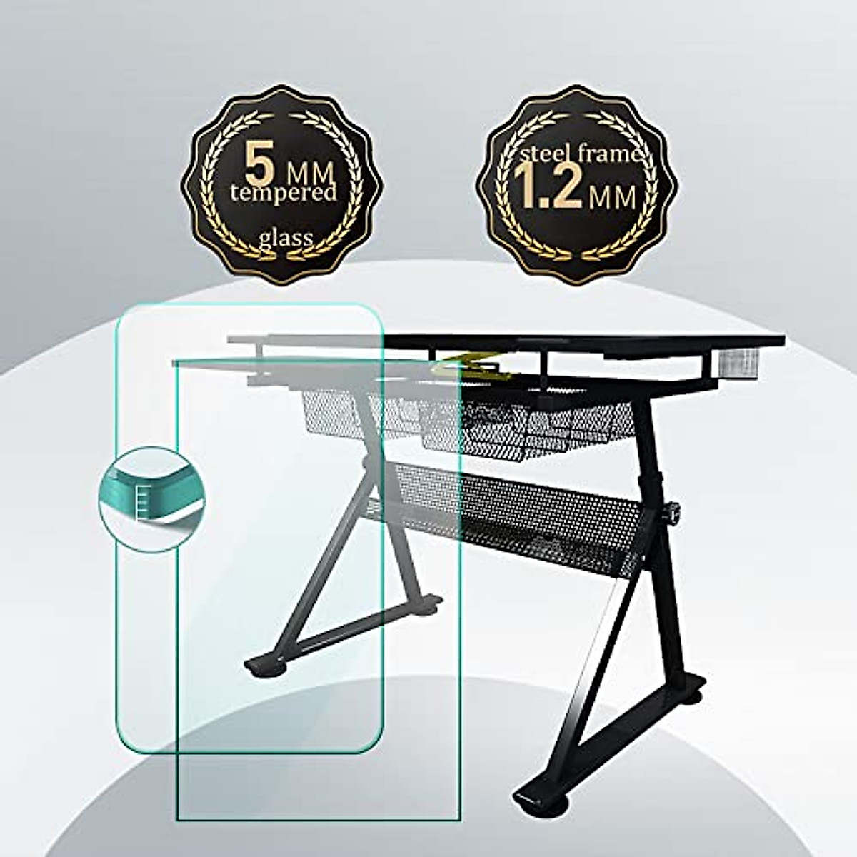 VejiA Drawing Table, Height/Angle Adjustable Drawing Desk Craft Station Drafting Table with One Side Table, Stool and Two Drawers, Tempered Glass Top, for Painting, W