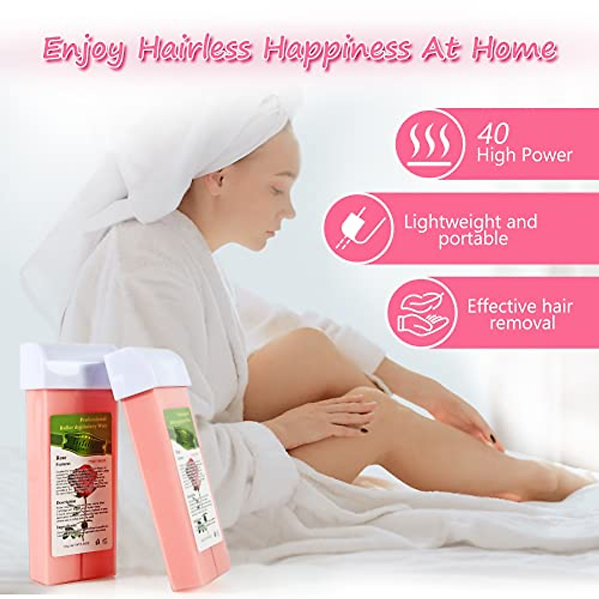 Roll on Wax Warmer Kit, Wax Roller Kit for Hair Removal, Painless Waxing for Hair, Eyebrow, Facial, Armpit, Bikini, Brazilian Include 2 Rose Wax & Pink Roll on Wax Cartridge for Home