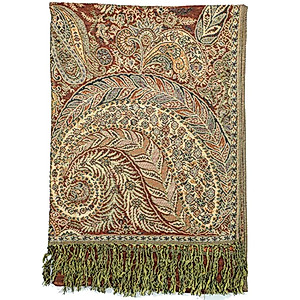 SILVERFEVER Luxurious Double Layered Jacquard Big Paisley Pashmina Shawl Wrap Scarf (Medium Brown)