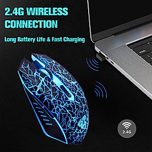 VEGCOO C10 Wireless Gaming Mouse Rechargeable Silent Optical Mice 7 Colors LED Lights, 7 Buttons 2400/1600/800DPI (Black)