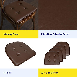 Sweet Home Collection Chair Cushion Memory Foam Pads Tufted Slip Non Skid Rubber Back U-Shaped 17" x 16" Seat Cover, Faux Leather Chocolate Brown 2 Count (Pack of 2)