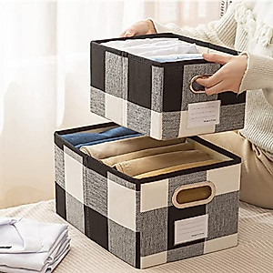 LaMorée Storage Bin Cotton Linen Fabric Basket Box Washable Foldable Decorative Rectangular Container with Handles Label Window Thick PP Plastic Board For Nursery Home Office - Black Plaid, Large Size