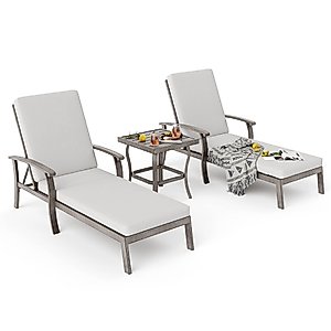 HAPPATIO Aluminum Patio Chaise Lounge Set 3 Pieces, Aluminum Patio Lounge Chair with Side Table, Pool Lounge Chair with Cushions, Outdoor Chaise Lounge Chair for Patio Deck Poolside (Gray)