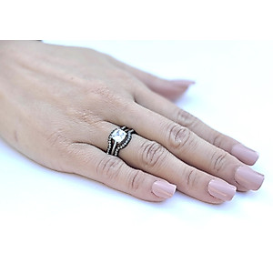 His Hers Couples Ring Set Womens Black Stainless Steel Promise Ring Mens 7 CZ Wedding Band - Size W7M11