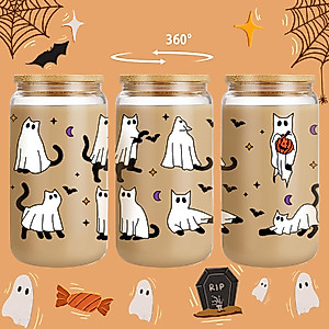 LEADO Halloween Cat Ghost Iced Coffee Cup, Halloween Glass Cup with Lids & Straws, 16 oz Cute Halloween Bat Spooky Tumbler - Boo Basket Stuffers, Halloween Fall Gifts for Cat Lover, Women, Her