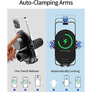 KPON Wireless Charger for Car - Auto Clamping Car Phone Holder Mount Wireless Charging - Dashboard Air Vent Wireless Car Charger Compatible with Popsocket/Otterbox/Thick Cases up to10mm