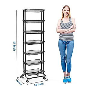 7 Tier Rolling Utility Carts, Mesh Storage Rack with Lockable Wheels, Rolling Storage Cart Kitchen Cart Multifunctional Rolling Shelf for Office, Bathroom, Kitchen, Kids' Room, Classroom (Black)