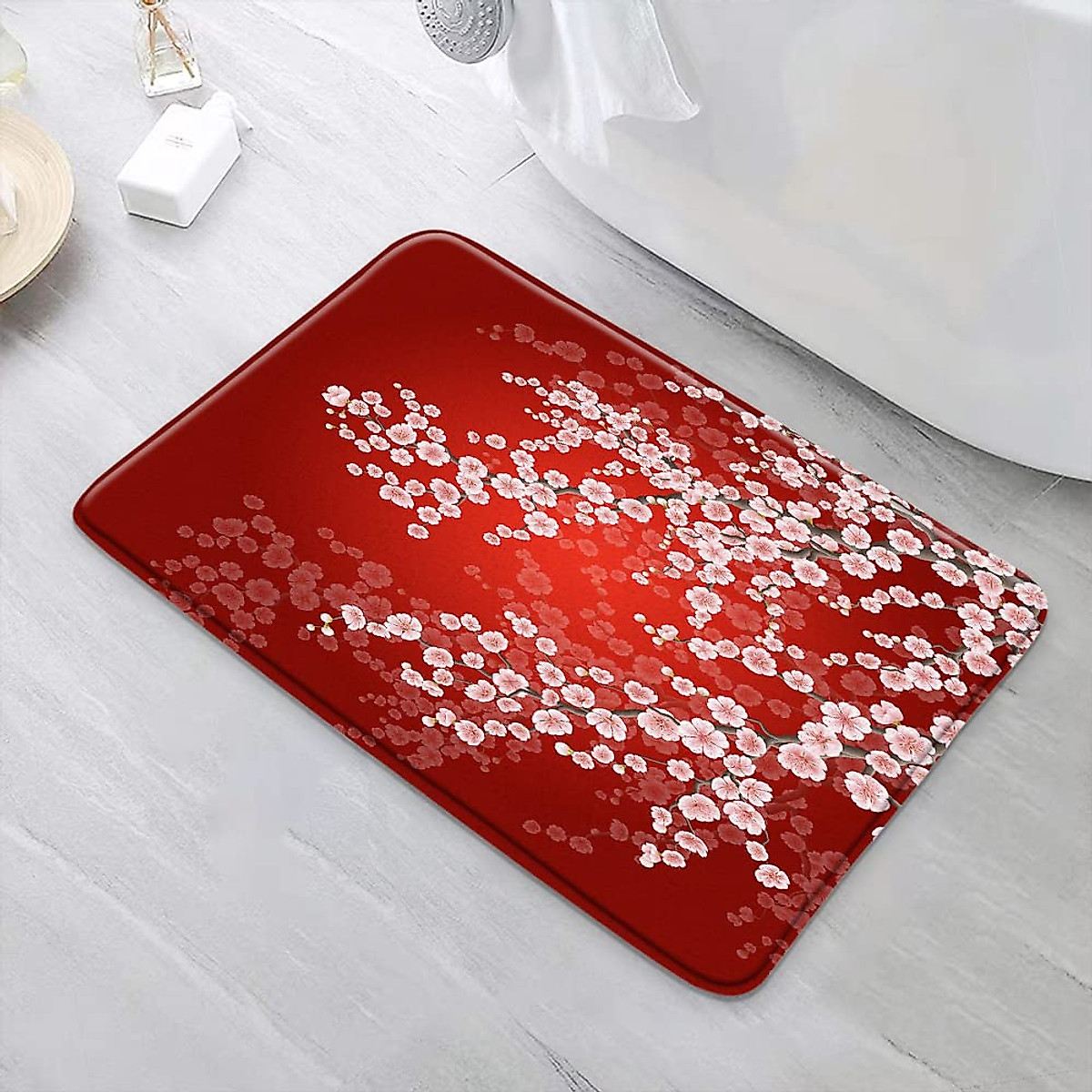 UOZXOML Cherry Blossoms Bath Mat Japanese Floral Pink Flowers Red Bathroom Rug Microfiber Memory Foam Shower Mat Kitchen Bath Floor Rugs, 18x30 Inch