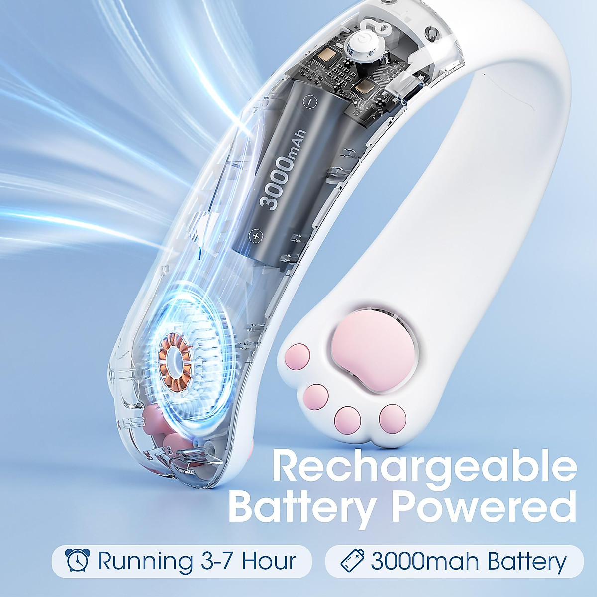 Cute Neck Fan for Kids, Teens, Women, Personal Fans Blow Cold Air for Girls Boys 4-14, Battery Rechargeable,Ultra Quiet Bladeless Turbo, 3 Speeds Portable Fan Hand Free, White