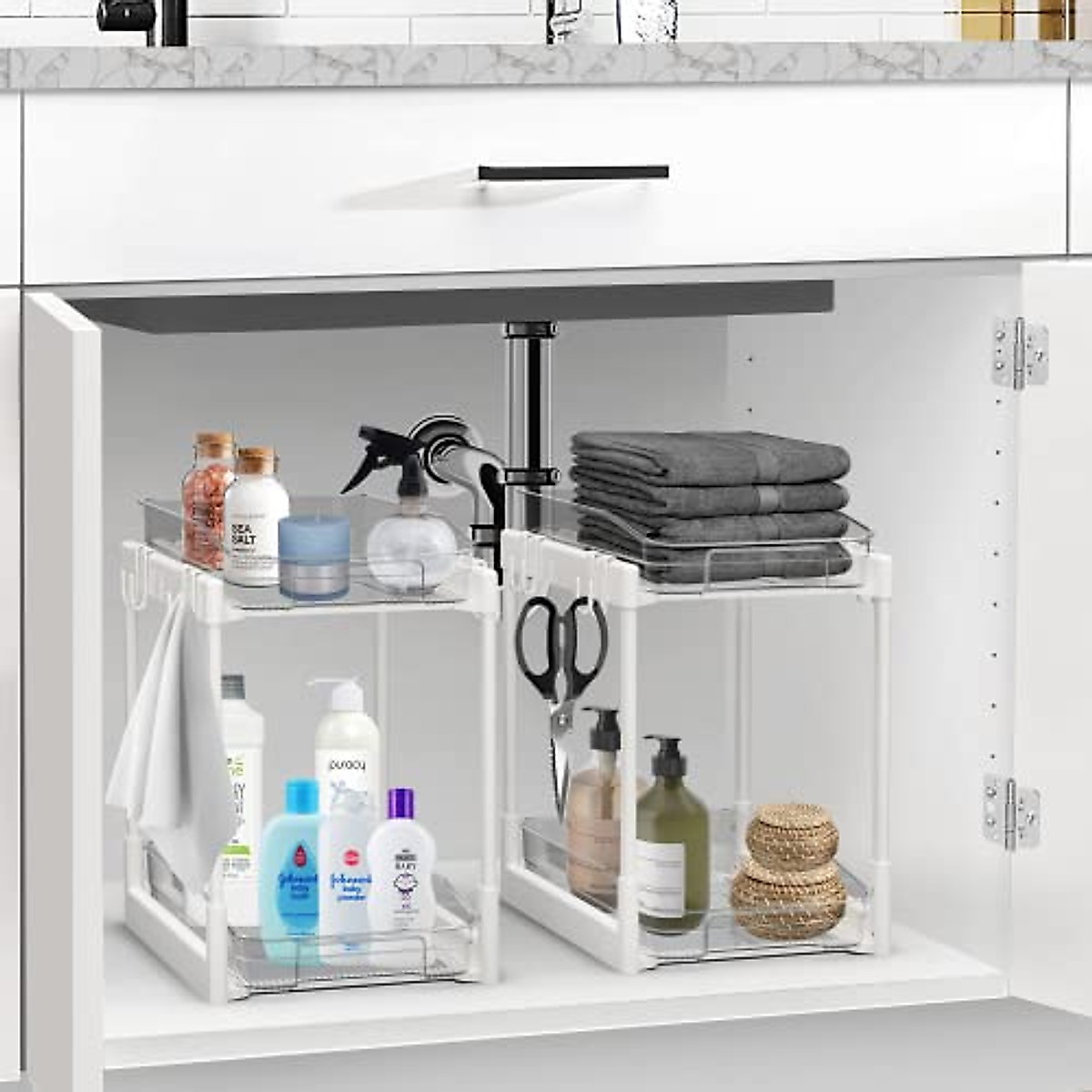 CAXXA 2 Tier Under Sink Cabinet Organizer Slide-Out Storage Drawer with Hooks for Kitchen, Bathroom,Vanity Counter (Clear)