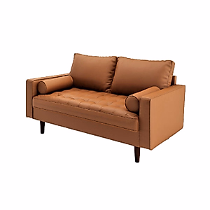 Container Furniture Direct Womble Mid Century Modern Couch with Bolster Pillows, PU Leather Upholstered Tufted Seat, Versatile Retro Design for Comfortable Living Spaces, Loveseat, Coffee Brown
