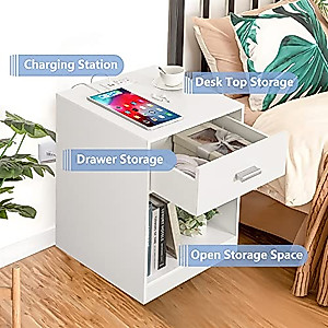 Quimoo Nightstand Set of 2, Night Stand with Charging Station and LED Light, Bedside Table with 1 Drawer, Modern Nightstand with 1 Open Storage Storage for Living Room,White