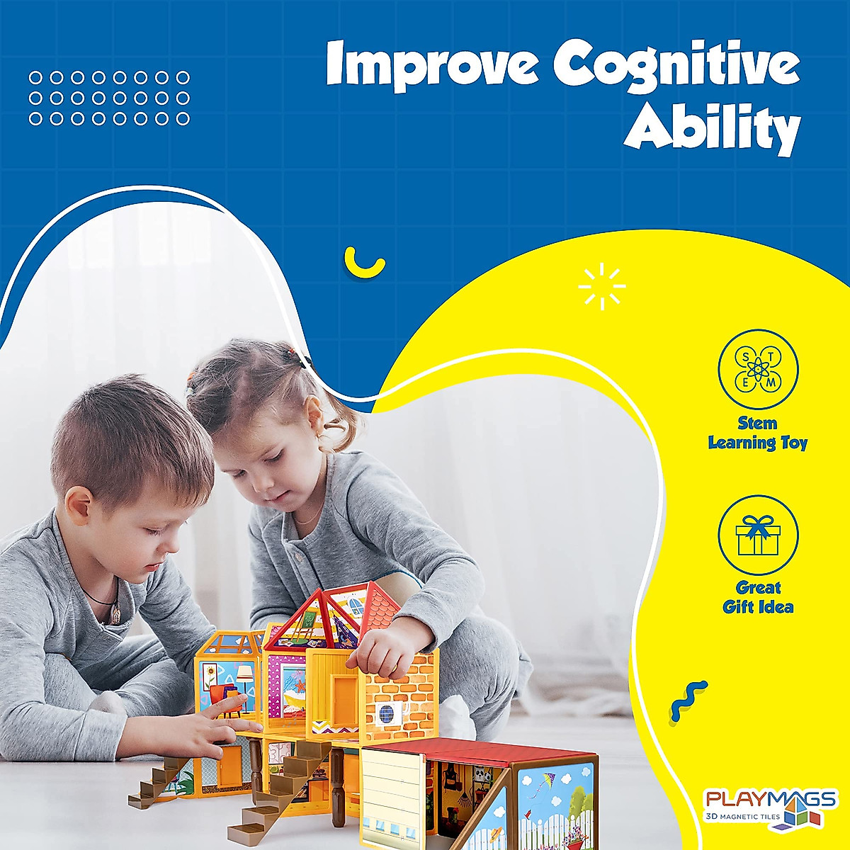 Playmags Magnetic Tiles Building Set, Dollhouse Pretend Play Toy, Creativity and Educational Magnet Blocks Stem Toys, Imaginative Birthday Gift for Kids Ages 3+