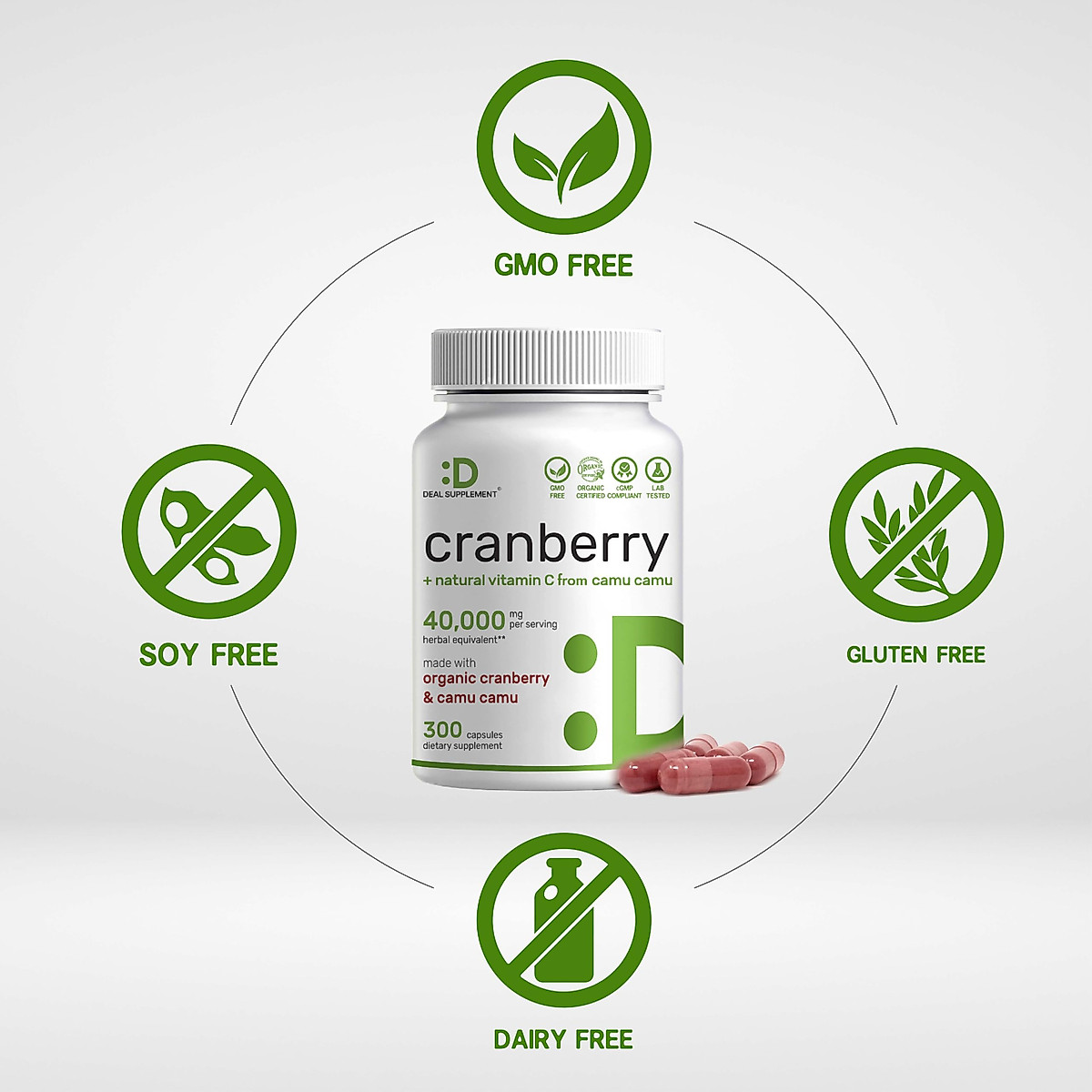 Cranberry Pills 40,000mg Per Serving with Camu Camu, 300* Capsules – Made with Organic Ingredients – Natural Vitamin C – 4X Strength Urinary Tract Health Supplement – No Sugar, No GMOs