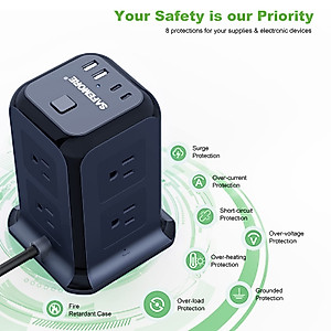 USB-C Power Strip Tower, SAFEMORE, Surge Protector 8 Outlets 4 USB Ports (4.8A), Fast Charging Station with 6.5ft Flat Plug Extension Cord for Indoor Home Office - Blue