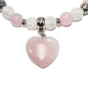 Pink Heart Charm Bracelet REAL Natural Stones Rose Quartz and Cracked Quartz Birthstone Women Bracelet Yoga Chakra Bracelet Anti-Stress Anti-Anxiety Gemstones Jewerly (quartz cracked rose qtz)
