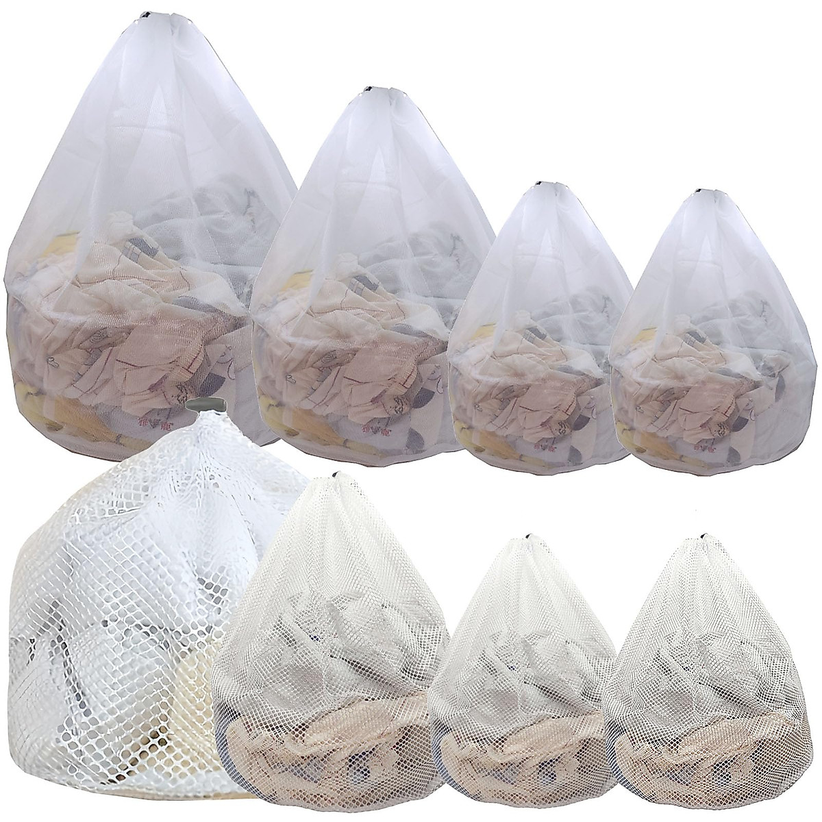 8Pcs Mesh Laundry Bag with Drawstring Closure, White Breathable Coarse & Fine mesh, Durable Mesh Laundry Bags for Washing Machine Delicates Clothes, Bed Linen,travel, Storage, 3 Sizes 2XL 2L 4M