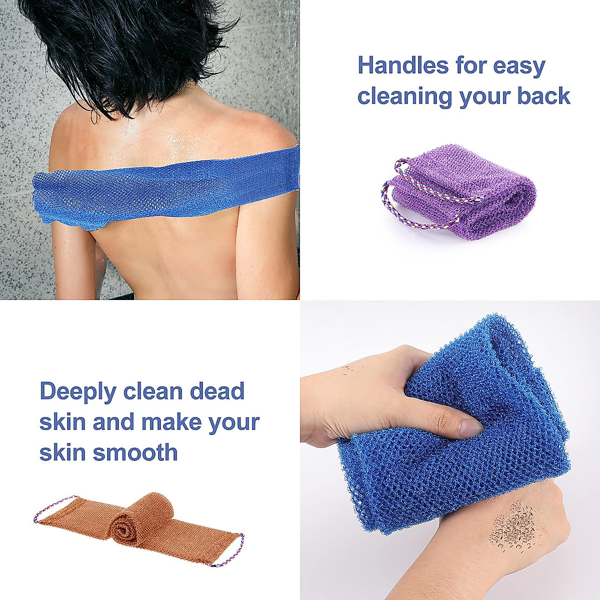 Tegeme 3 Pcs African Exfoliating Net Sponges Bath Back Scrubbers Long with Pull Strap Exfoliating Smoother Nylon Body Shower Loofahs Cloth for Women Men Daily Handles Washcloth Wash Purple Blue Coffee
