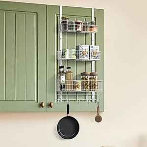 CADUKE Over The Door Organizer Hanger with Basket Hanger Door Towel Rack with 5 Hooks Back of Door Storage Organizer Behind Door Hooks Hanger Shelf for Bathroom, Kitchen, Office, White