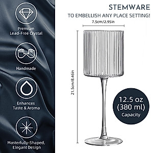 Square Wine Glasses Set of 4, Elegant Ribbed Design Wine Glasses 12.5oz, Long Stem Unique Modern Shape - Hand Blown Premium Wine Glass, For Red & White Wine Home Bar Party