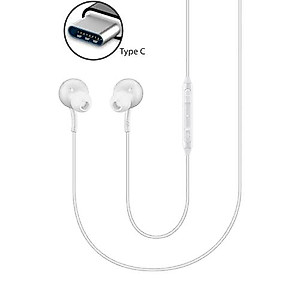ElloGear 2020 Earbuds USB C Headphones for Samsung Galaxy S21, Note 10, Galaxy S10, S9 Plus, S10e - Designed by AKG - Braided Cable with Microphone and Volume Remote Type-C Connector - White