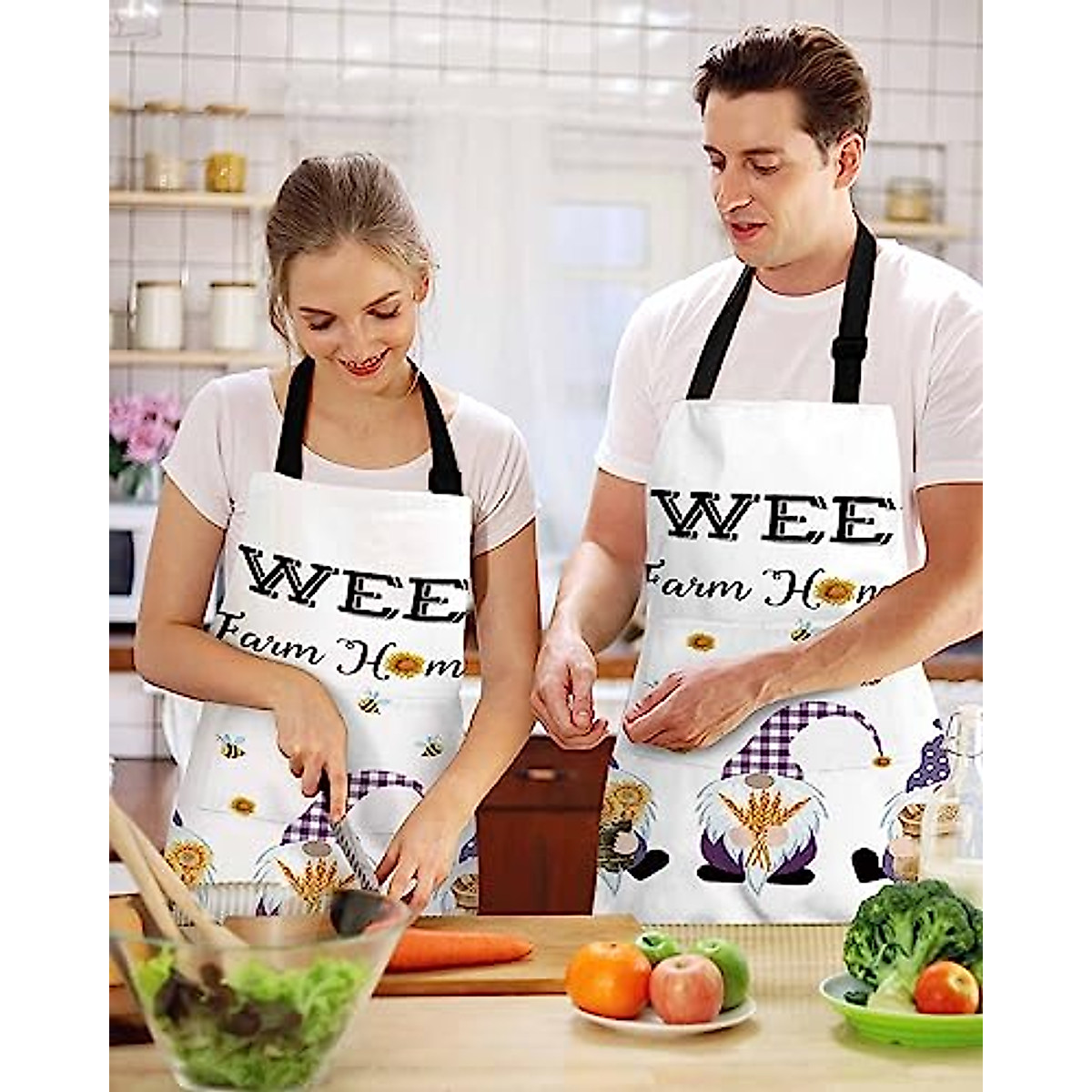 LAMANDA Kitchen Aprons for Women,Gnome Sunflower Bumblebee Buffalo Check Cooking Apron with Pockets Server Aprons Chef Apron for Men