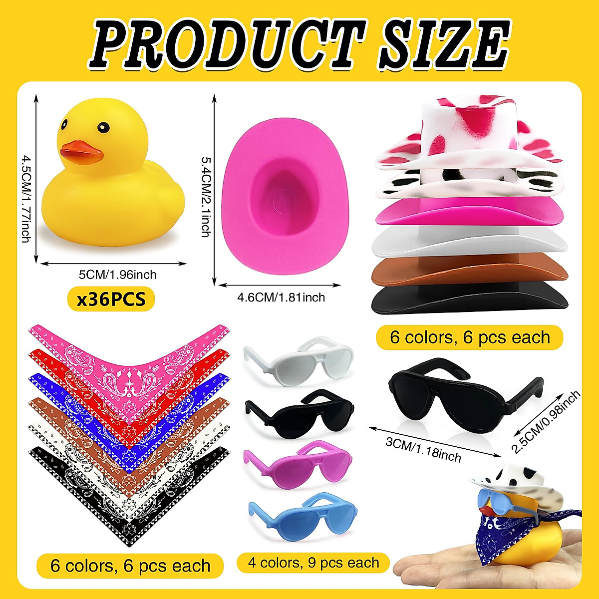 36 Sets Cowboy Ducks with Mini Hat Scarf and Sunglasses Mini Bath Duck Toys for Birthday Swimming Party Gift Favor Decorations